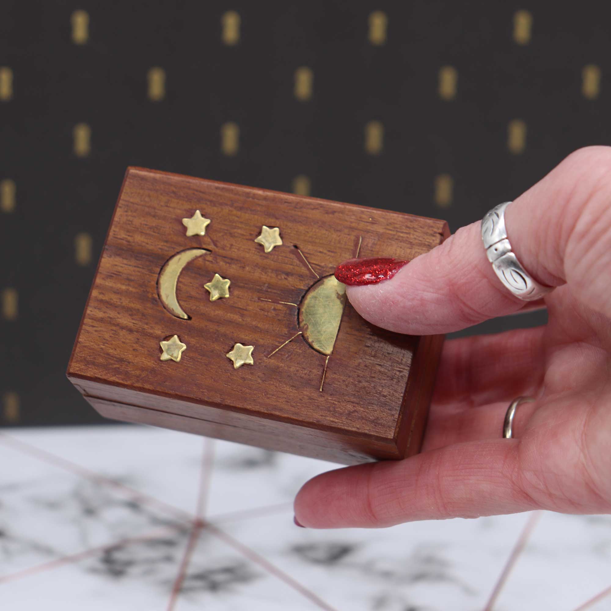 Brass Inlay Celestial Trinket Box | Sacred Space Decor from 13 Moons