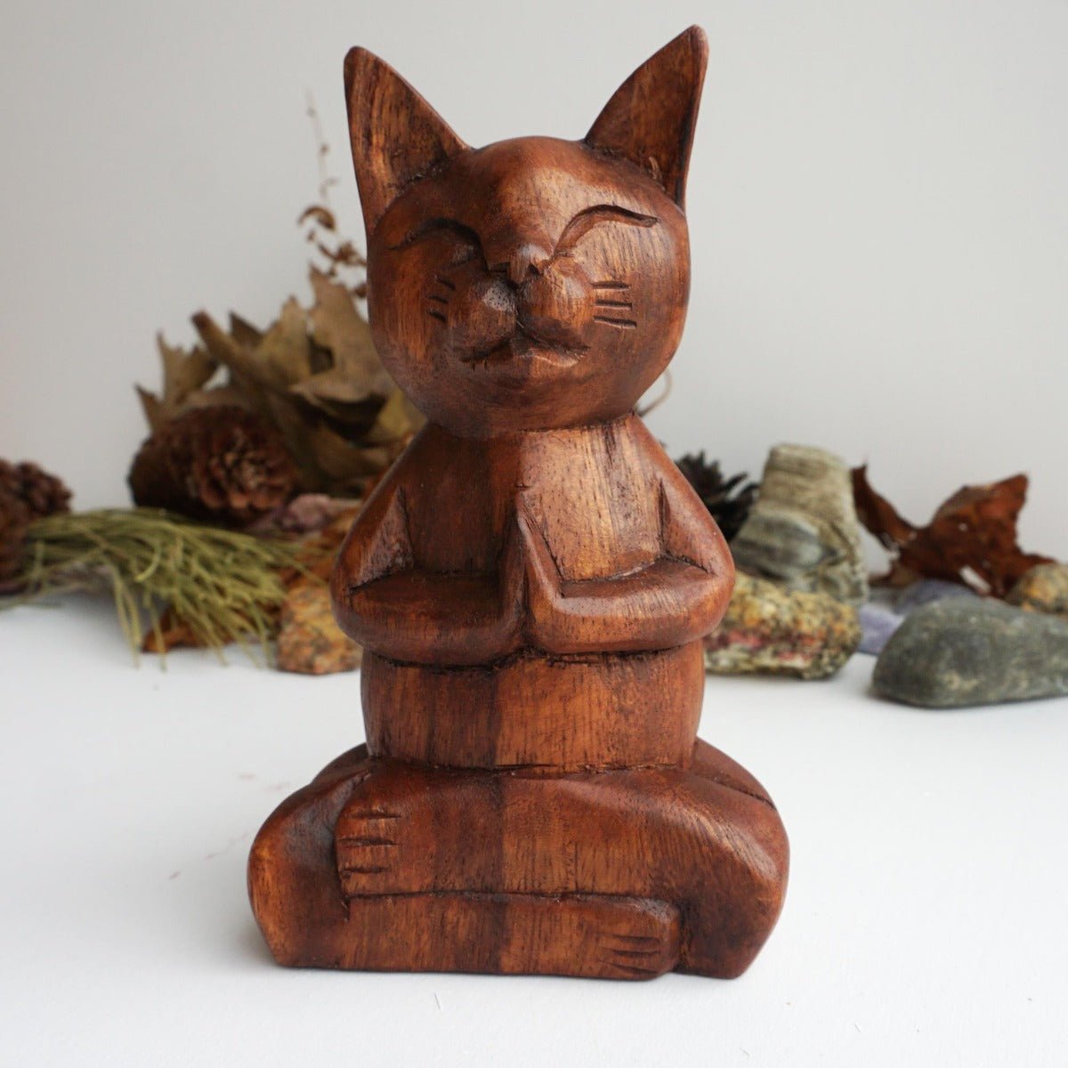 Wooden Meditation Cat Statue